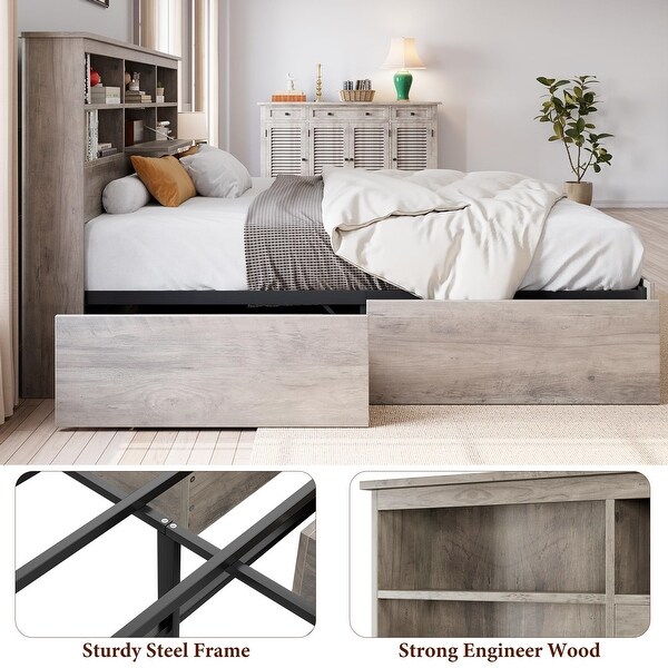 Storage Wooden Bed Frame with Bookcase Headboard and 4 Large Drawers On Sale Bed Bath Beyond 41631245