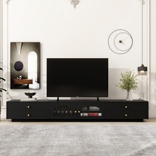 Sleek 87-Inch TV Console with Fluted Glass Cabinet, Drawers, and Metal ...