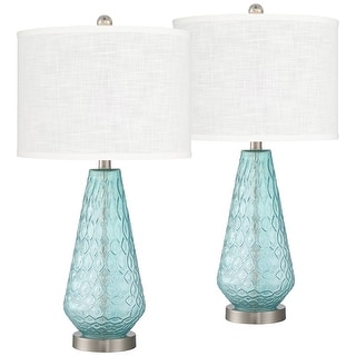 Blue Glass Table Lamps Set of 2 with Pure White Shade - 27" x 14" - Bed ...