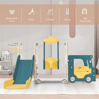 5 in 1 Kids Bus Play Structure Swing Slide Playset, with Basketball ...