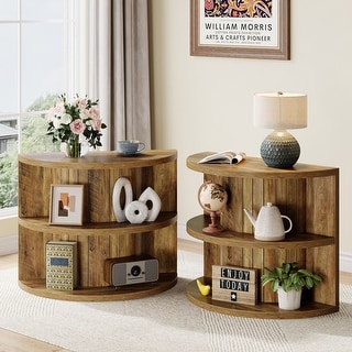 Half Round Side Table, 3-tier Wooden End Table with Storage Shelves ...
