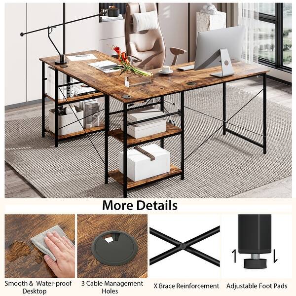 95'' Convertible L-shaped Corner Computer Desk 2-Person Desk Shelves ...