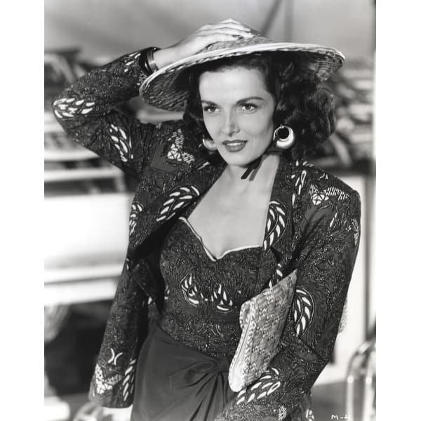 Jane Russell Posed in Black Long Sleeve Floral Coat and Black V-Neck ...