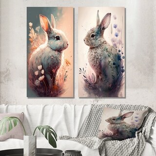 Designart "Cute Rabbit Floral Art" Rabbit Wall Art Set Of 2 Multicolor ...