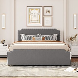 Queen Velvet Upholstered Platform Bed with Stud Trim Headboard and ...