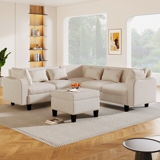 Modern Design Extra Comfort Linen Sectional Sofa Couch with Coffee Table and Storage Ottoman ...