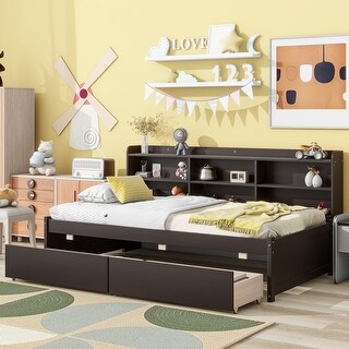 Black Twin Size Bed with Side Bookcase and Storage Drawers - Bed Bath ...