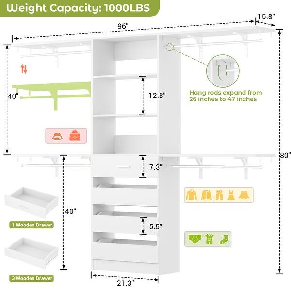 Rackcog 96'' Closet System with 4 Drawers and 4 Hanging Rods, 8FT Wood ...