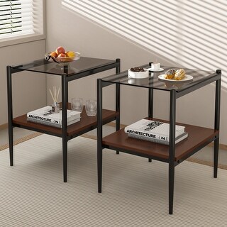 Set of 2 Rectangle End Table, Tempered Glass Tabletop with MDF layer ...