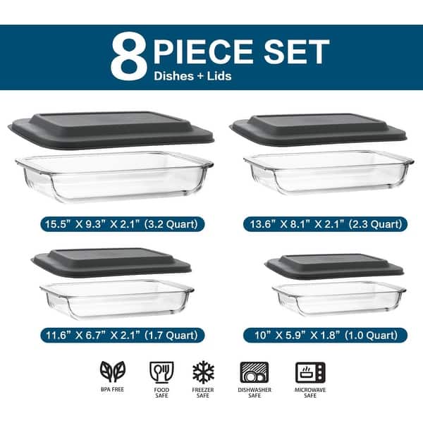 8-Piece Deep Glass Baking Dish Set with Plastic lids,Rectangular Glass ...