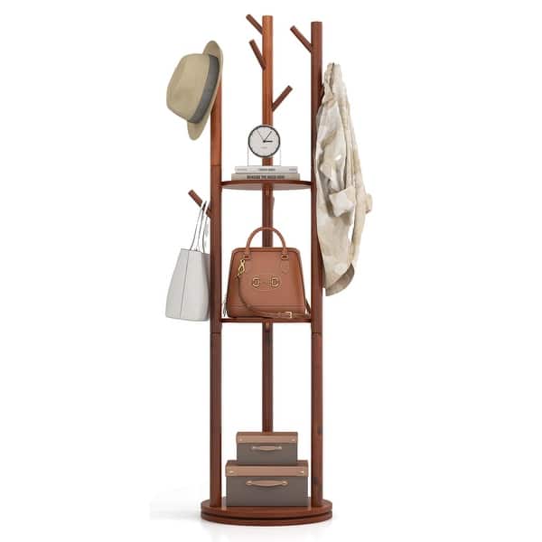Costway Freestanding Wooden Coat Tree Rotary Coat Rack with 3 Display ...