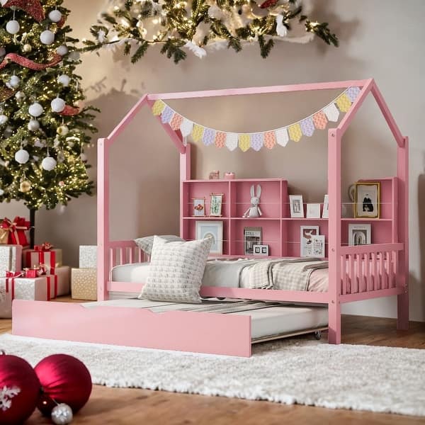 Pink Roof Wooden Twin Size House Bed with Trundle Kids Princess Bed ...