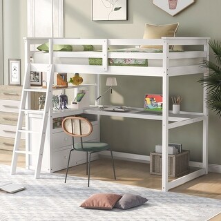 Modern Twin Size Loft Bed with Desk, Shelves, 2 Built-in Drawers ...