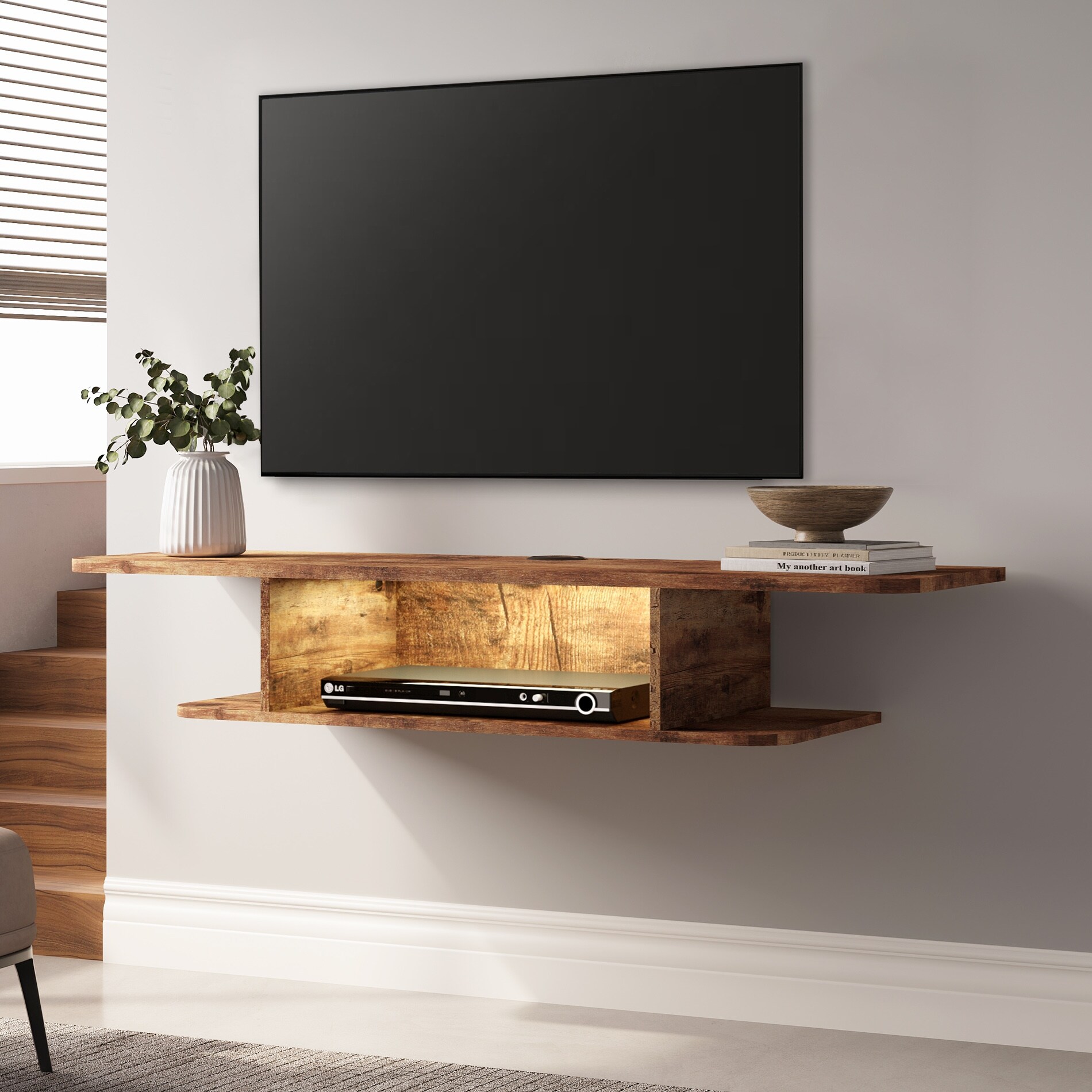 FITUEYES 2 Tier Floating TV Stand with LED Light Floating TV Shelf Under TV for Living Room Brown On Sale Bed Bath Beyond 39120305