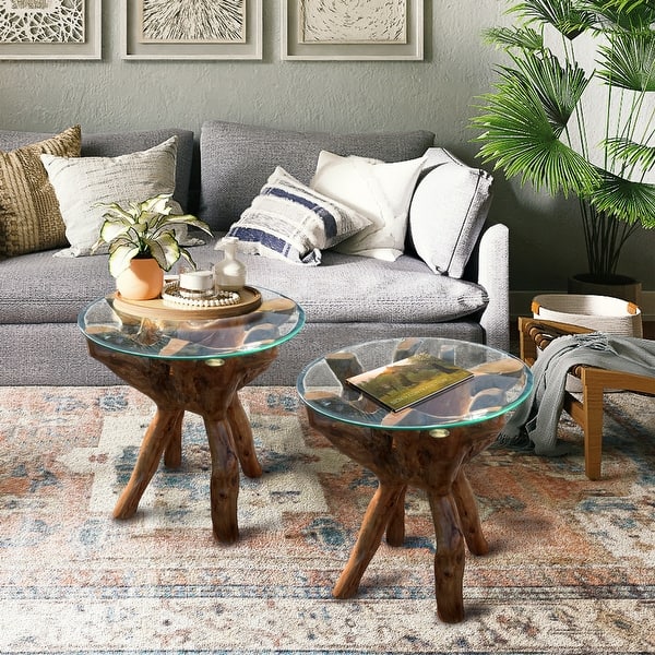 Chic Teak Rustic Teak Wood Root Side Table with 24 Inch Round Glass Top ...