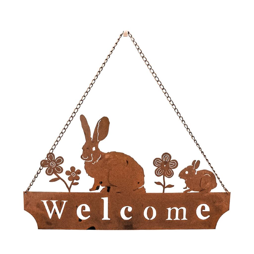 California Home and Garden Hanging Metal Rabbit Family Welcome Sign ...