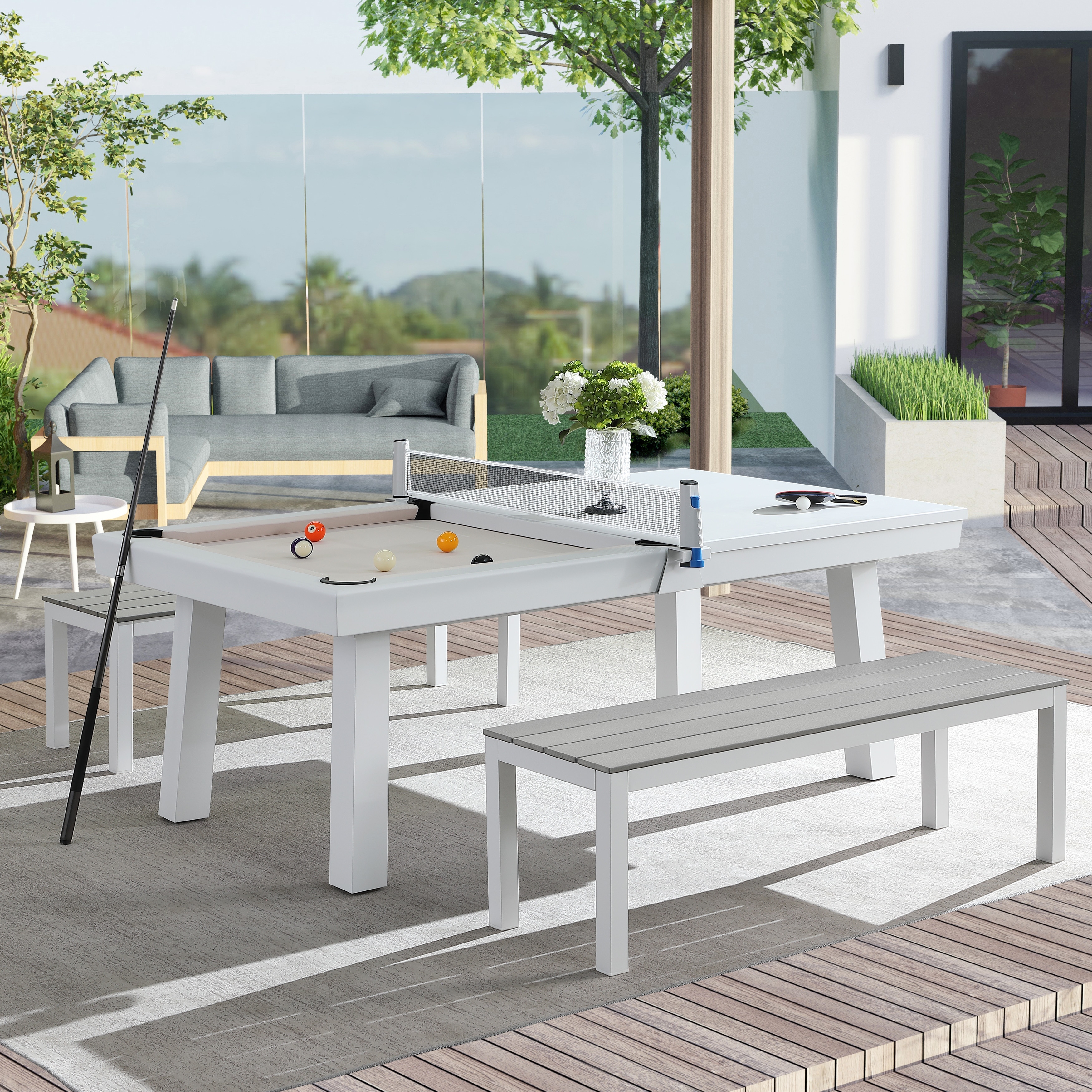 Laguna Indoor Outdoor 8ft Slate Pool Table Dining Set with 2 Benches Accessories White Finish On Sale Bed Bath Beyond 38440646