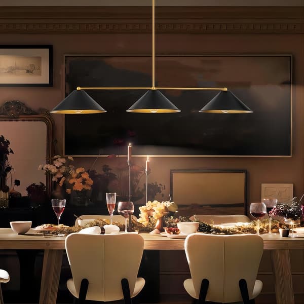 3-Light Mid-Century Modern Black Gold Linear Cone Dimmable Large ...