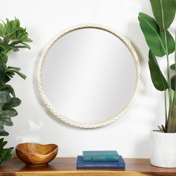 Cream Mango Wood Room Wall Mirror with Geometric Diamond Patterned ...