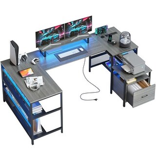 U Shaped Desk with File Drawer, Computer Desk with Power Outlet, Home ...