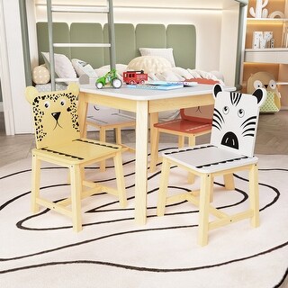 5 Piece Cute Kids Table and Chair Set, Kids Wood Table with 4 Cartoon ...