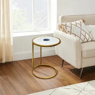 20 Inch Round Side End Table, White Marble Top with Blue Agate Stone ...