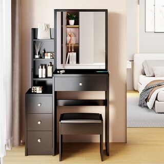 Left Bedside Cabinet Vanity Table + Cushioned Stool, Sliding Mirror ...