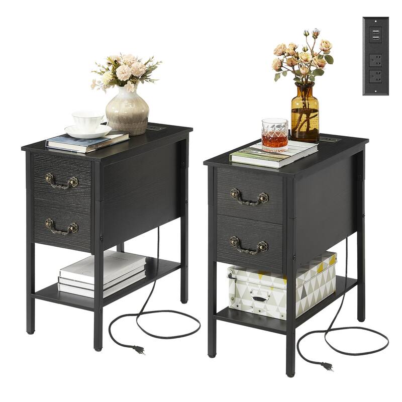 End Table with Charging Station, Narrow Chairside Table with Drawers ...