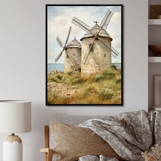 Designart "Vintage Windmills At The Beach I" Wind Turbines Green Wall ...