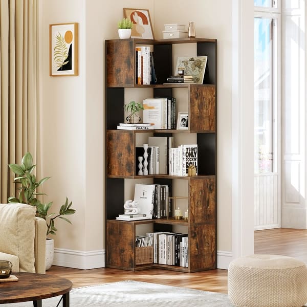 Moasis 5 Tiers Industrial Corner Bookshelf and Bookcase L Shaped ...