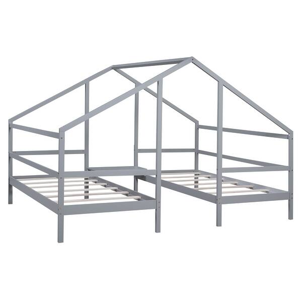 Double Twin Size Triangular House Platform Beds with Built-In Table and ...