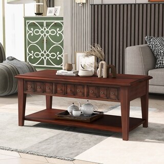 CTEX Vintage Soild Wood Coffee Table with 3 Drawers and Bottom Storage ...