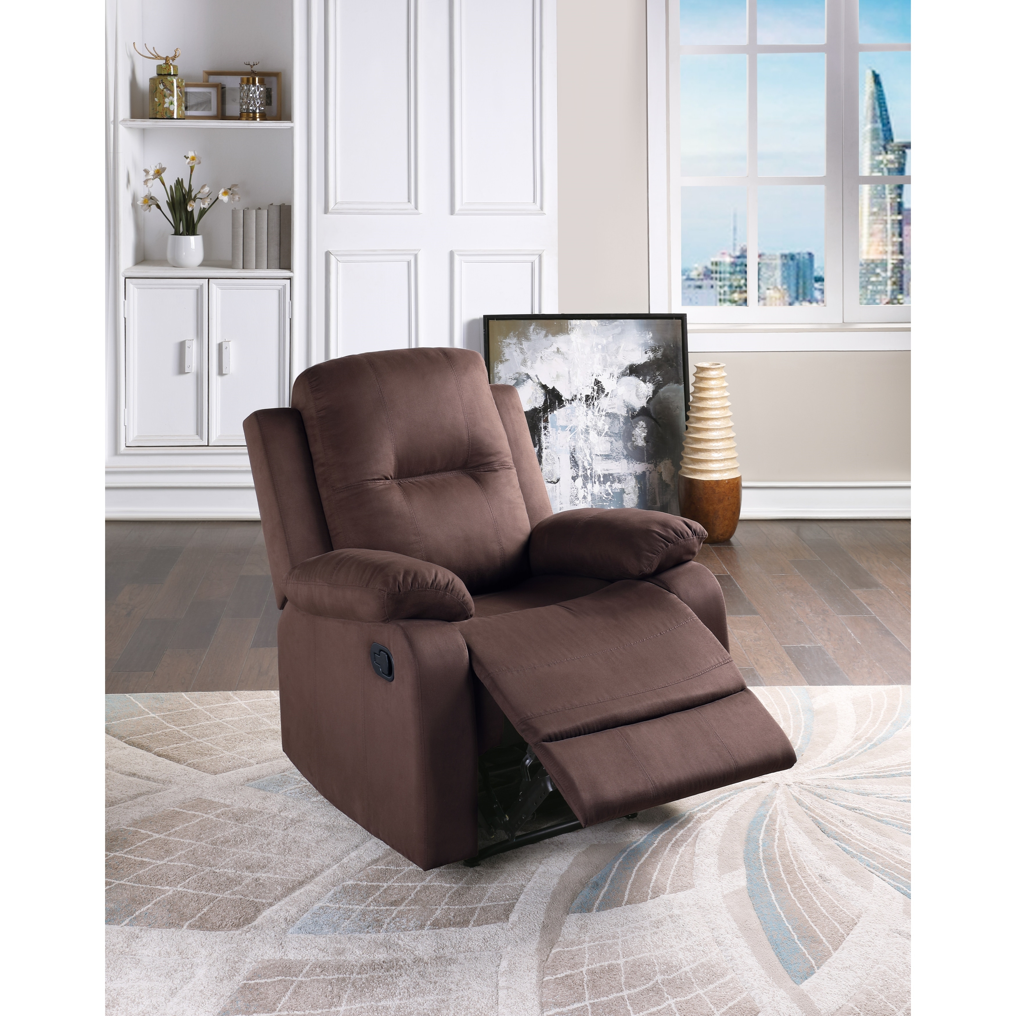 Brown Modern Microfiber Motion Recliner Chair Couch Manual Motion Plush Armrest Tufted Back Living Room Furniture Chocolate