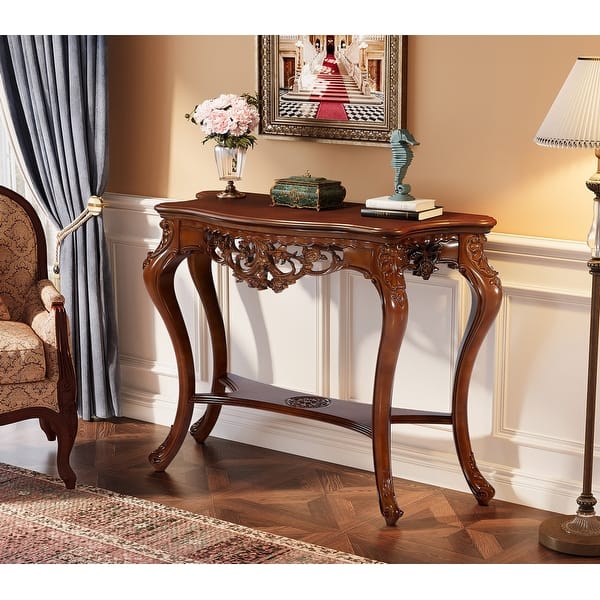 Elegant Carved Design Two-Tier Console Table for Living Room Entryway ...