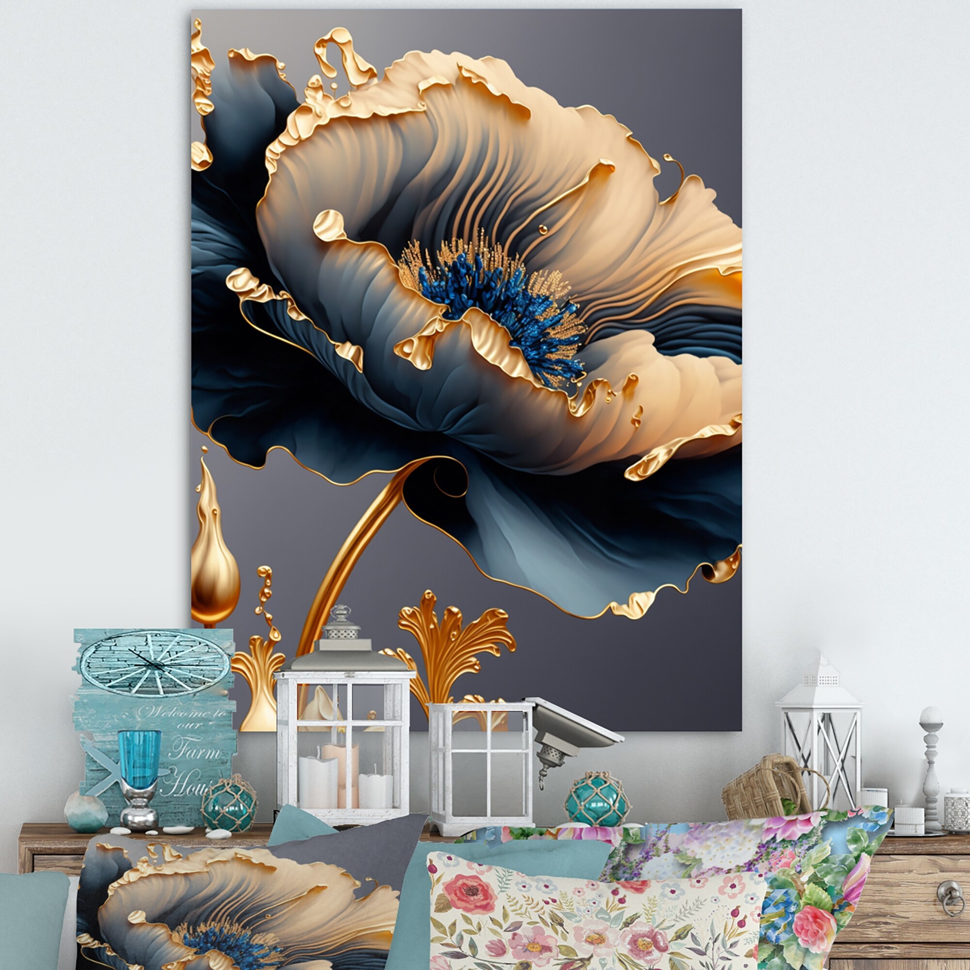 Designart 'Deep Blue And Gold Single Flower II' Floral & Botanical ...