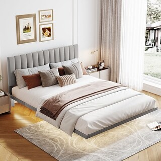 Queen Gray Floating Platform Bed Frame Upholstered Bed w/ Sensor Light ...