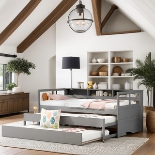 Twin XL Size Wood Daybed with 2-Trundles and 3-Storage Cubbies, Grey ...