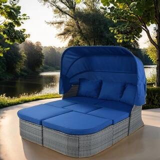 Outdoor Patio Set Daybed Sunbed with Canopy Wicker Furniture, Blue ...
