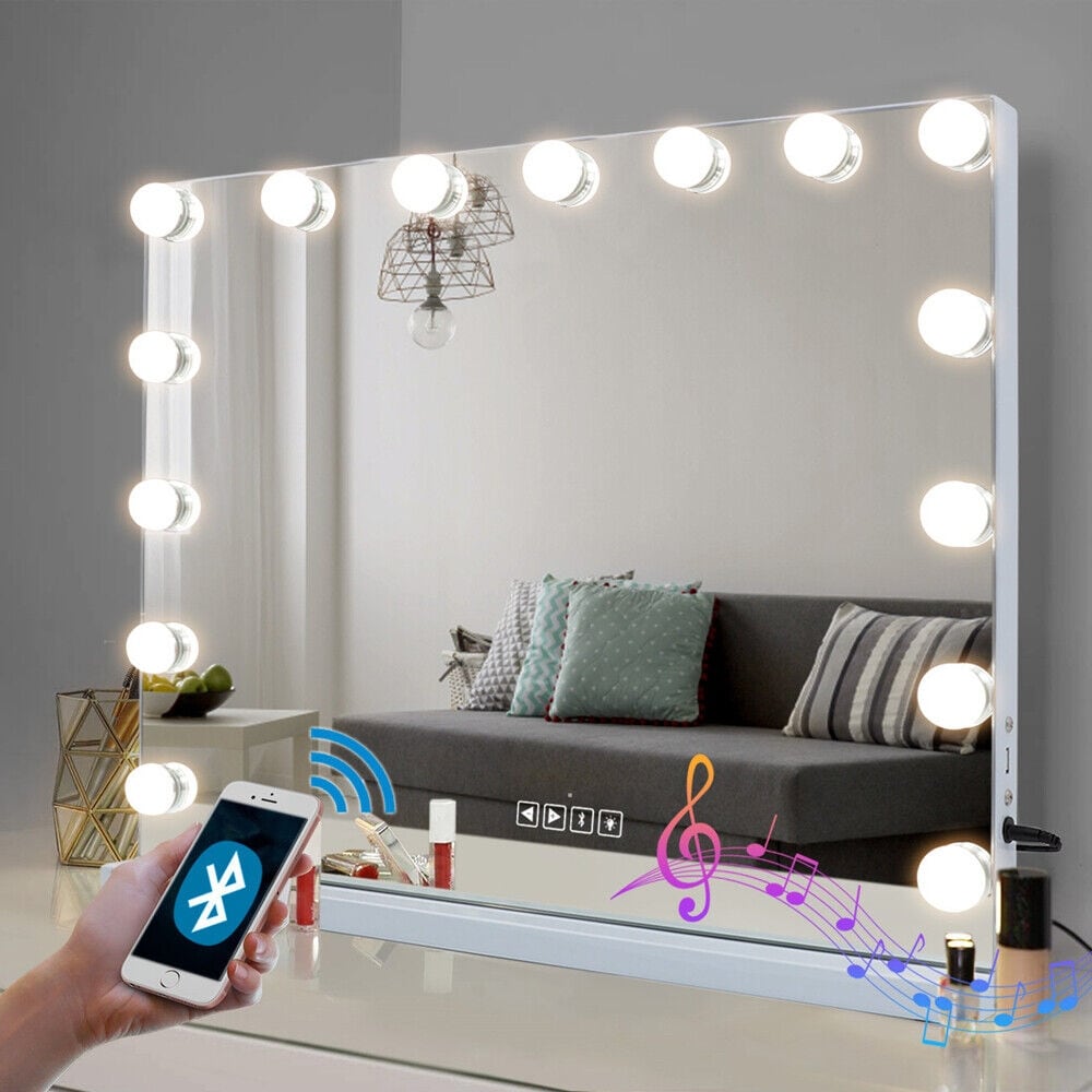 VANITII Large Hollywood Makeup Vanity Mirror with 15 LED Bulbs 3 Lights Adjustable USB Charging ...