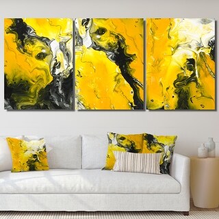 Designart 'Yellow Black And White Liquid Art III' Modern Art Set of 3 ...