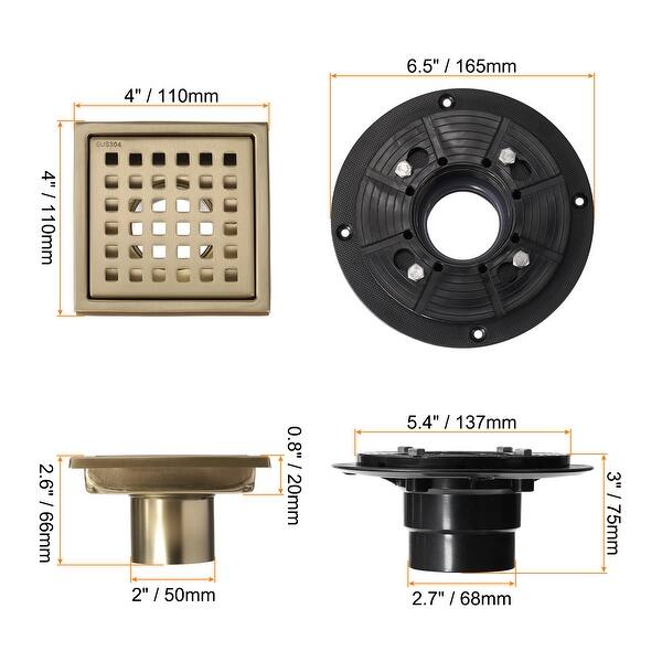 4 Inch Square Shower Drain, 304 Stainless Steel Floor Drain with Flange ...