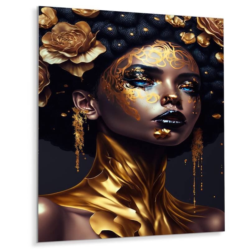 Designart 'Gold And Black Floral Woman III' African American Woman ...