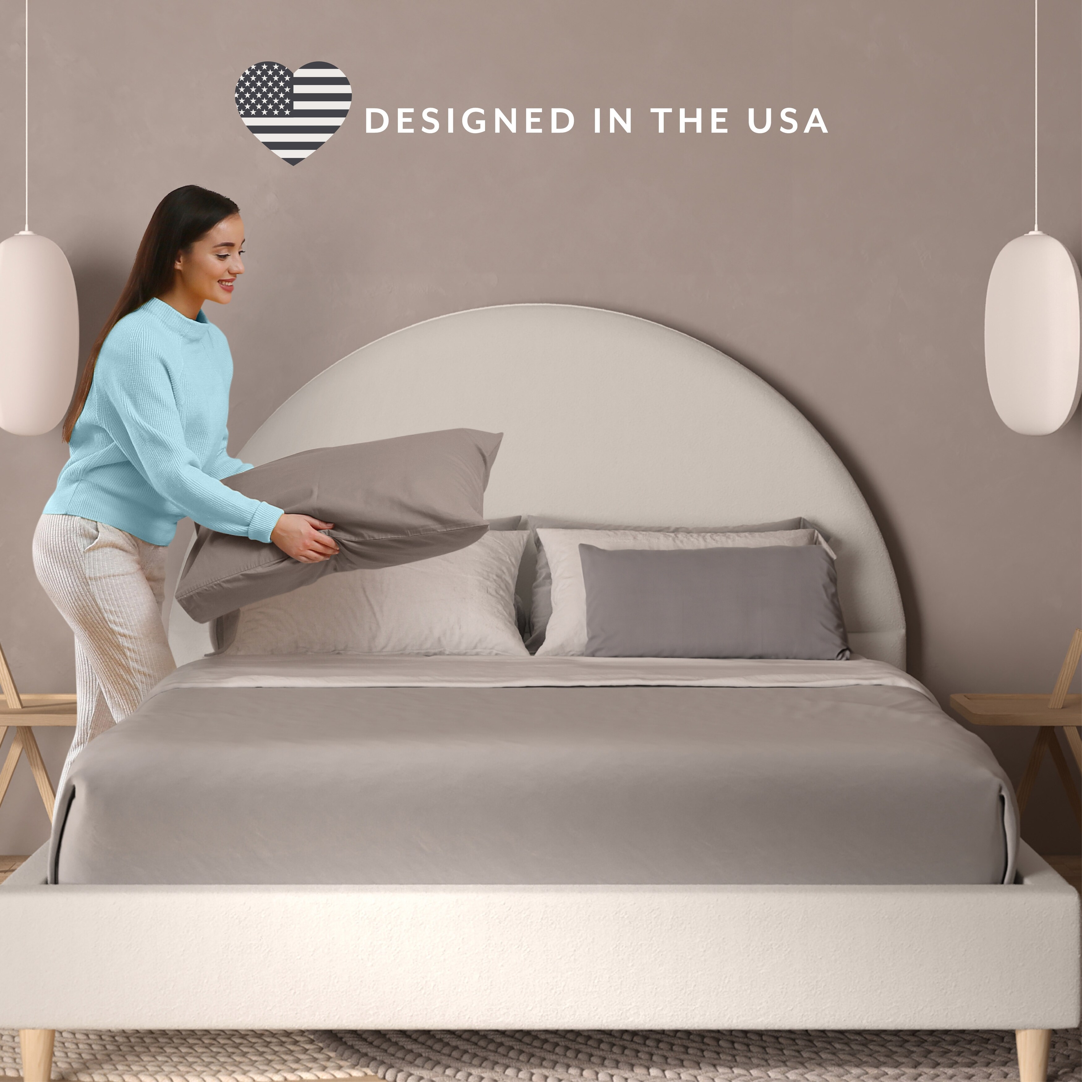 Mila Boucle Arch Shape Platform Queen Size Bed Round Headboard Cream