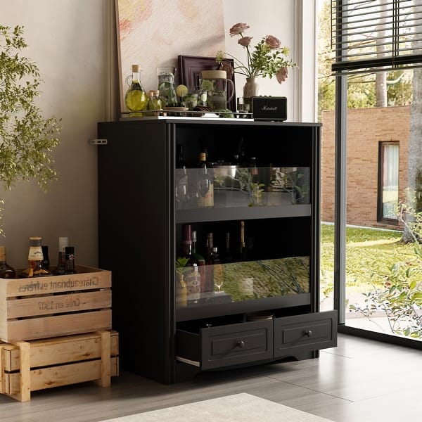 Black Buffet with a Two - layer Semi - Open Structure Kitchen Cabinet ...