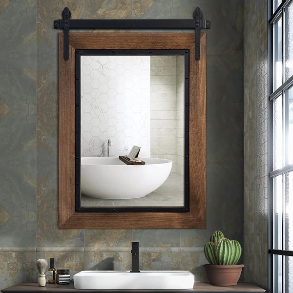 Farmhouse Barn Door Style Natural Wood Bathroom Vanity Wall Mirror - On ...