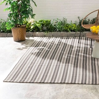 Ticking Stripe Grey/Ivory Handwoven Indoor/Outdoor Rug - Bed Bath ...