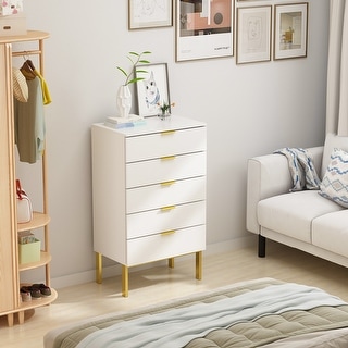 5 Drawer Dresser Chest of Drawers with Metal Leg Wood Dresser Storage ...