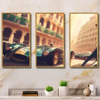 Designart "Vintage Blue Race Car In Street Race III" Exotic Car Framed ...
