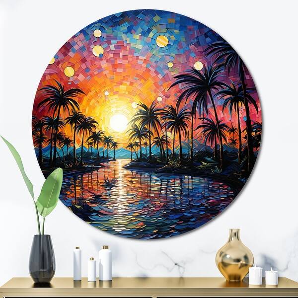 Designart "Palm Trees Tropical Pointillism II" Landscapes Metal Circle ...