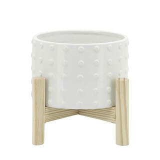 6 Inches Planter with Dotted Planter and Wooden Stand, White - Bed Bath ...